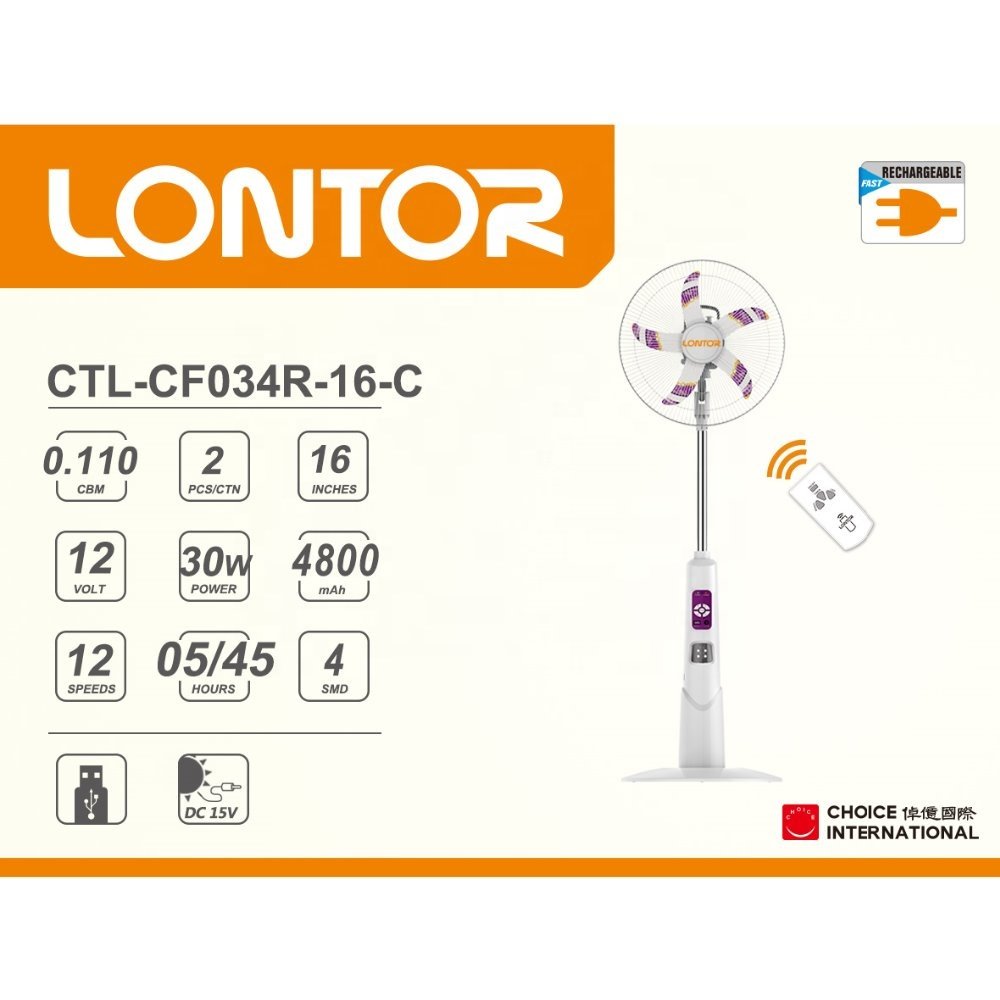 Lontor 16" Rechargeable Standing Fan With Remote Control And USB ...